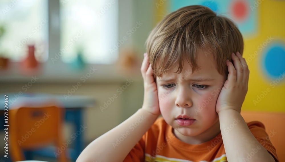 Distressed autistic boy covers ears in noisy preschool classroom. Kid ...