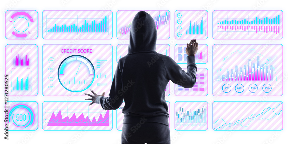 Anonymous hacker in hoodie accessing digital financial interface with ...