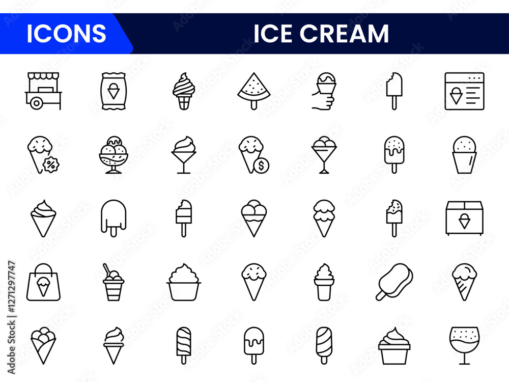 Ice cream icons frozen creamy desserts, gelato ice cream, wafer cone ...
