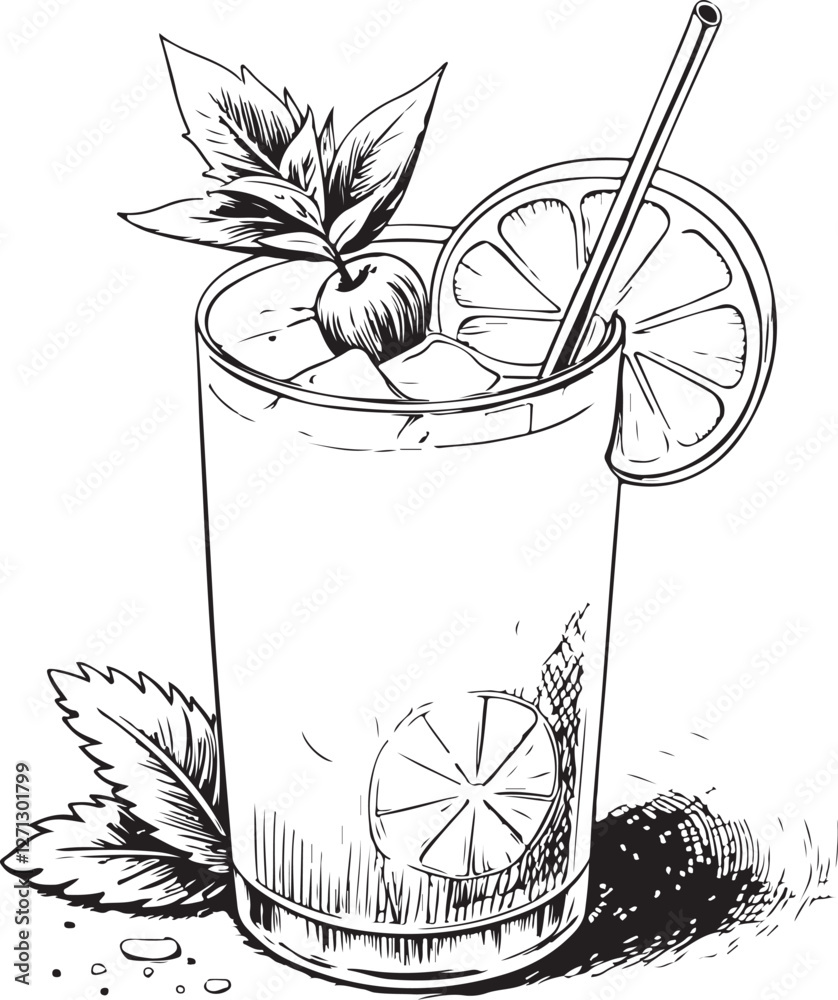 Mai Thai Cocktail Mocktail Black and White Vector Illustration, Sketch ...