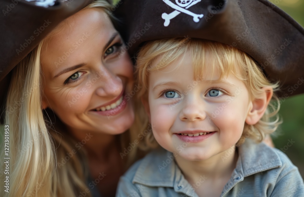 Woman and child wear pirate hats, smile. Family fun, dress-up with ...