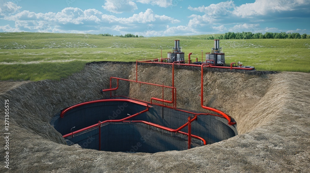 A cutaway diagram of underground natural gas reservoirs and extraction ...