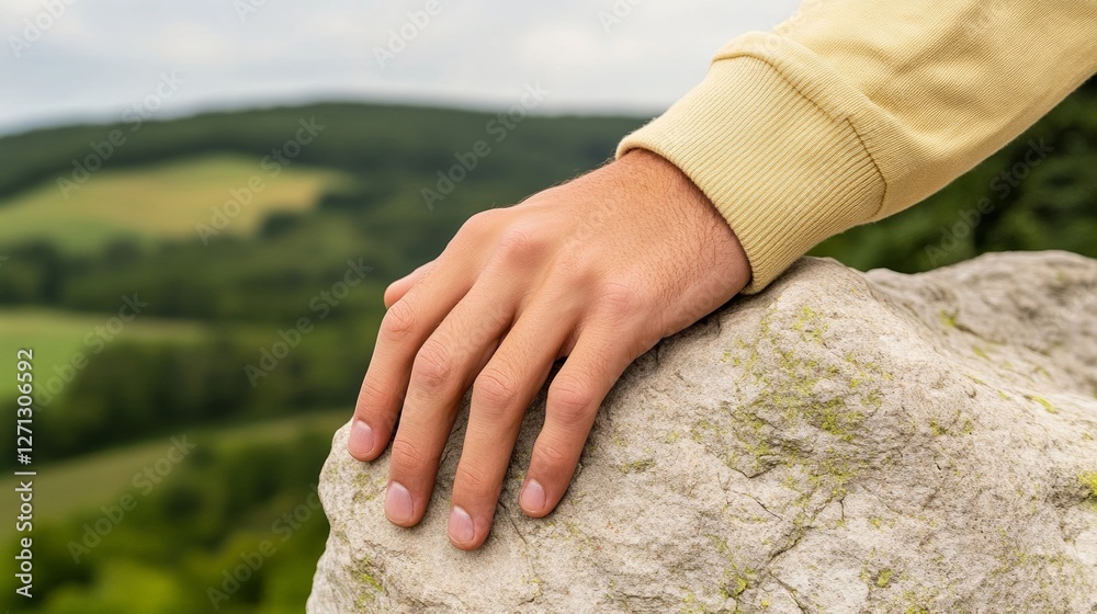 Elegant Hikers hand touching a rugged rock face while climbing along a ...
