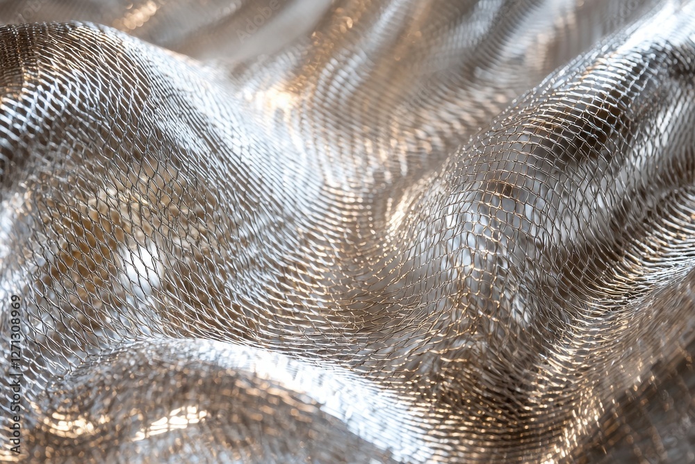 Intricate silver metallic mesh fabric, draped artfully with shimmering ...