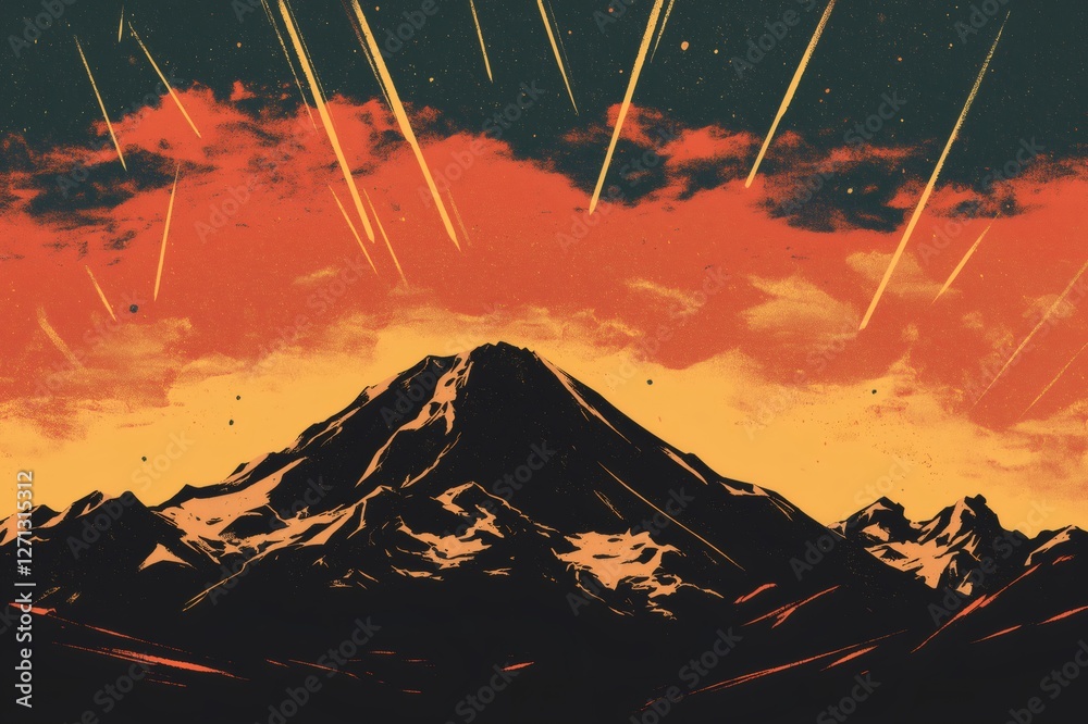 Meteor shower falling on a mountain landscape under a dramatic red and ...