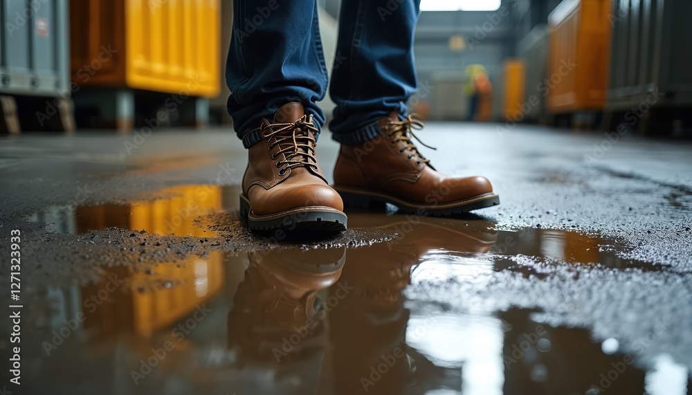 Man in jeans, brown leather boots standing in puddle. Reflections of ...