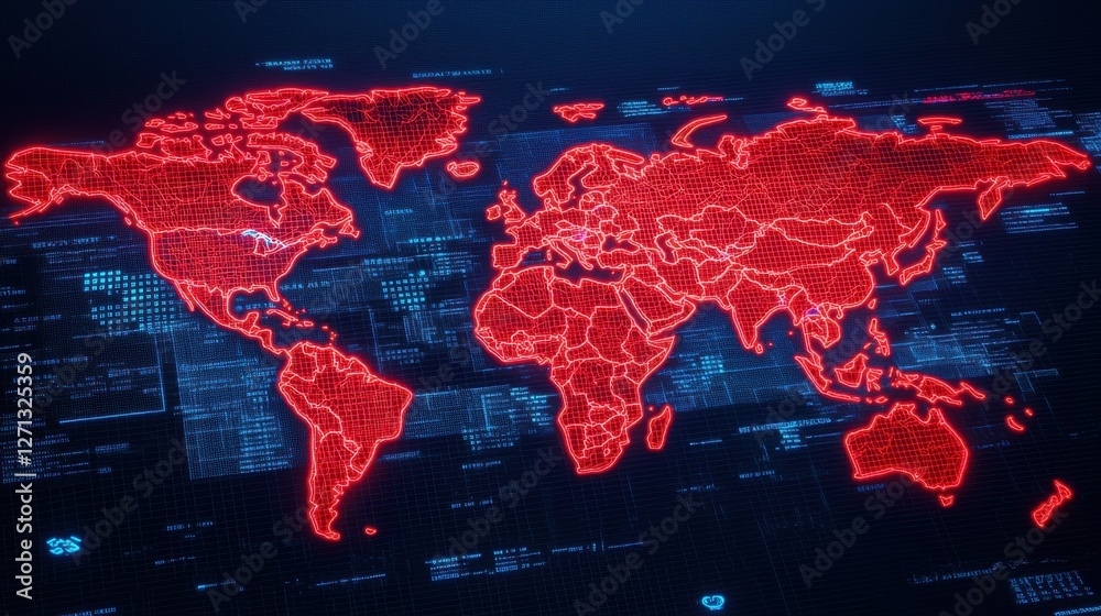 World map infographic concept. Glowing Neon World Map Visualizing Global Connectivity and Data ...