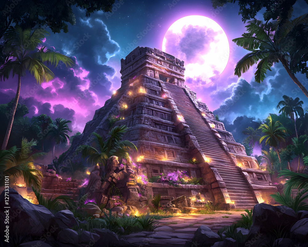 Mayan pyramid under night sky, jungle background, ancient mystery, game ...