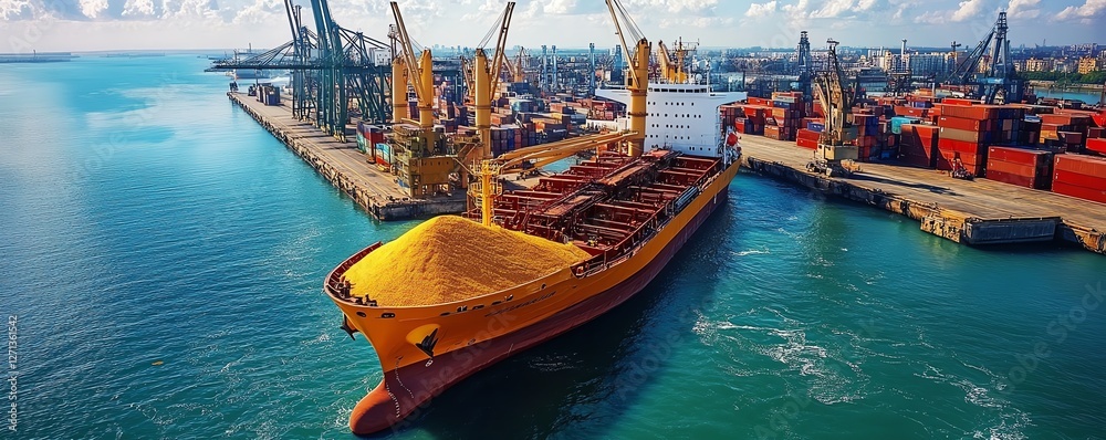 Dry cargo ship loading corn for global distribution, busy harbor scene ...