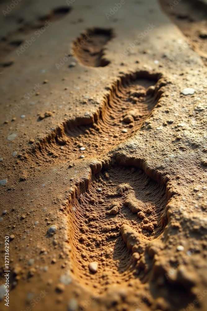 Fossilized tracks of Giganotosaurus carolinii in palm tree mud, extinct ...