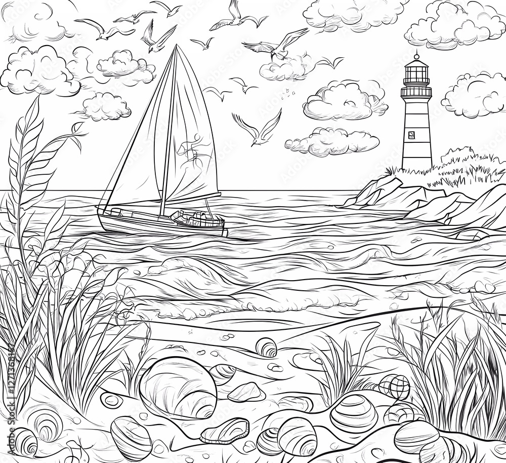 Coloring page for kids, featuring a sea landscape with a sailboat and ...