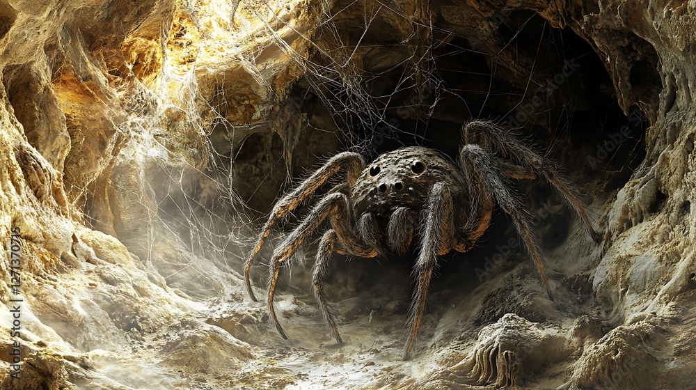 Giant spider in cave lair, web background, fantasy illustration, horror ...