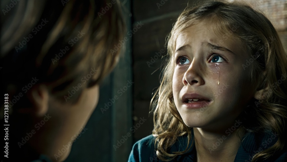 Closeup of tearful little girl indoor setting emotional portrait soft ...