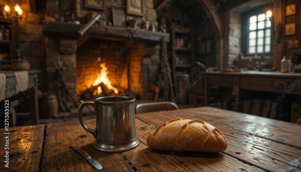 Medieval Tavern Table with Beer Mugs and Bread, Cozy Fireplace Stock ...