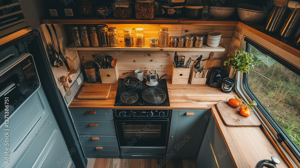 Overhead shot of a tiny home-style van kitchen with compact induction ...
