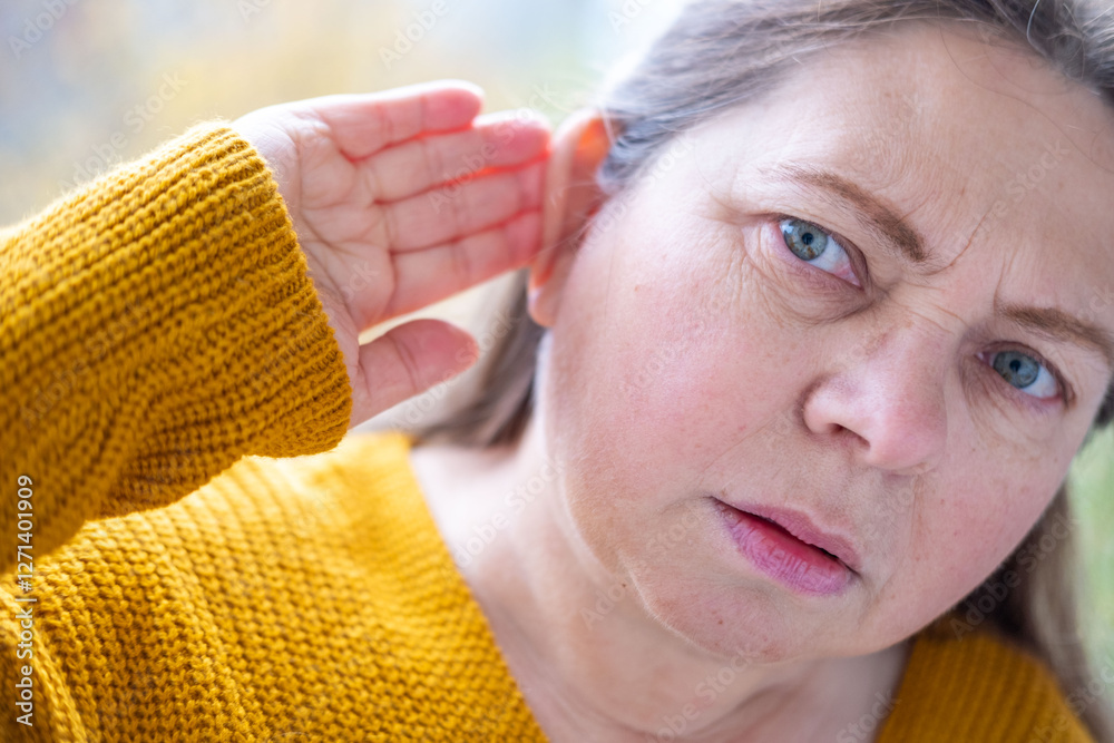 mature caucasian woman holding sore ear, female face with facial ...
