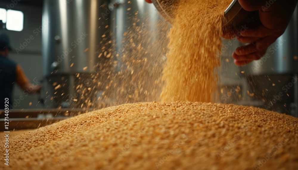 Grain pouring brewery process. Beer malt production, craftsmanship ...