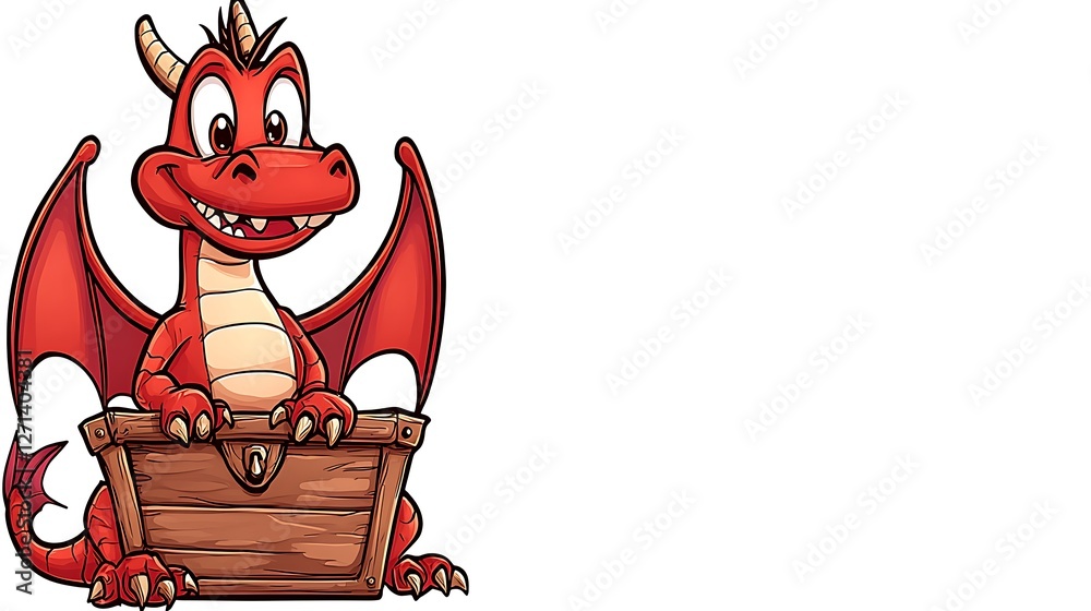 Cute red dragon guarding treasure chest Stock Illustration | Adobe Stock