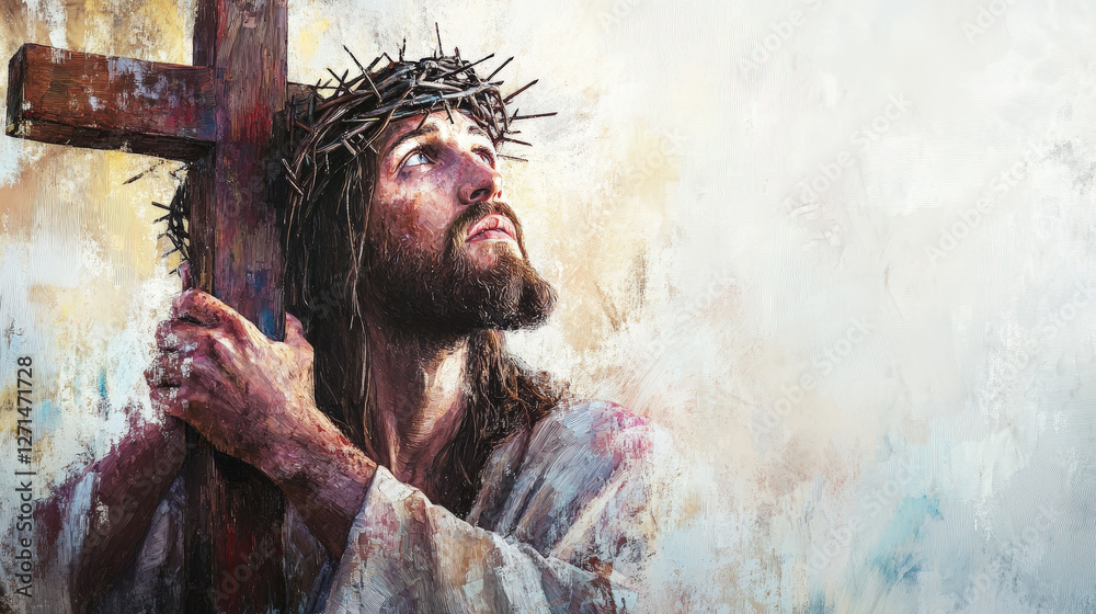 Jesus Christ carrying the cross, looking upward in faith, symbolizing ...