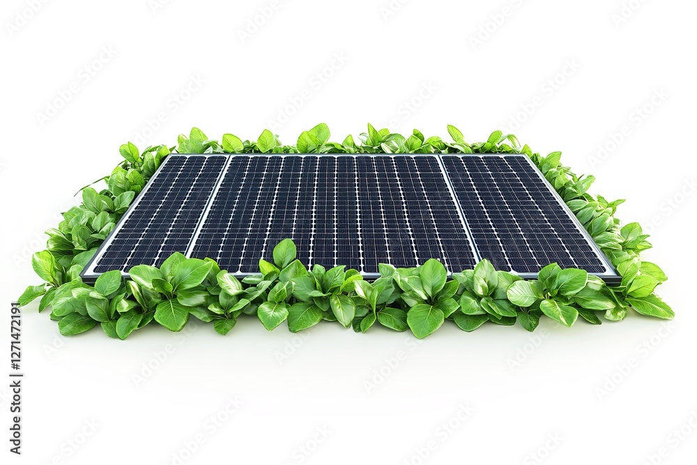 Green Energy Harmony: Solar Panel with Lush Leaves, Isolated on White ...