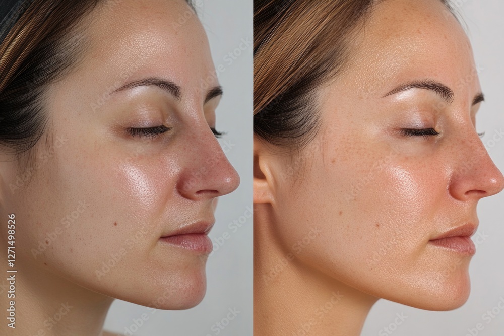 The image illustrates a side-by-side comparison of a woman’s facial ...