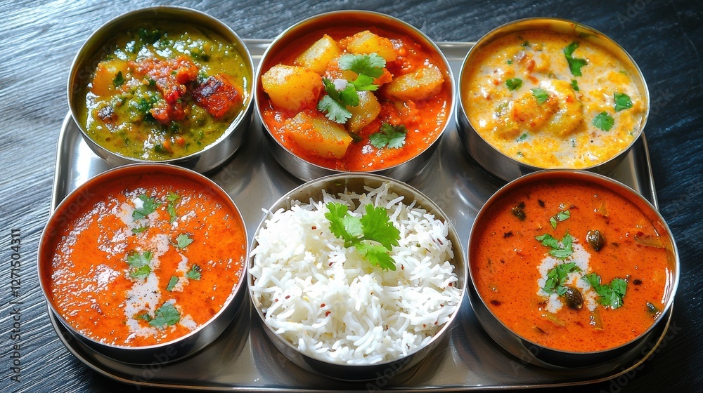 traditional South Indian thali with rice, curries, and vegetables ...