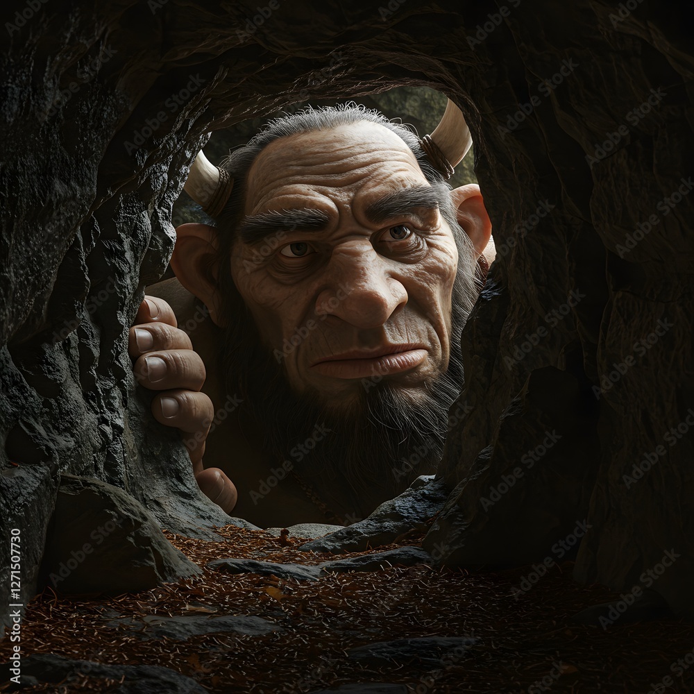 Fashion photograph of ancient giant troll face at cave entrance ...