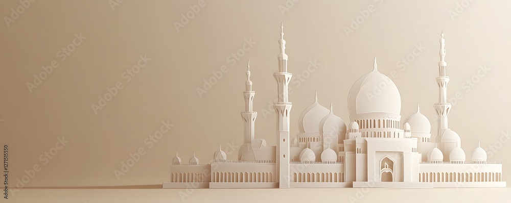 Elegant papercraft mosque architecture with minarets and domes shown ...