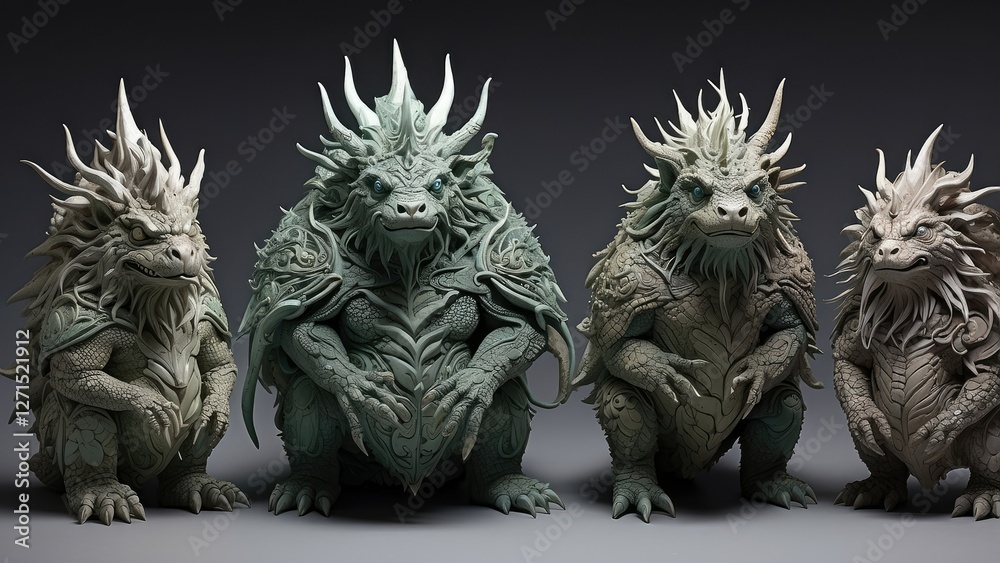 Four fantasy creatures with unique designs and textures Stock ...