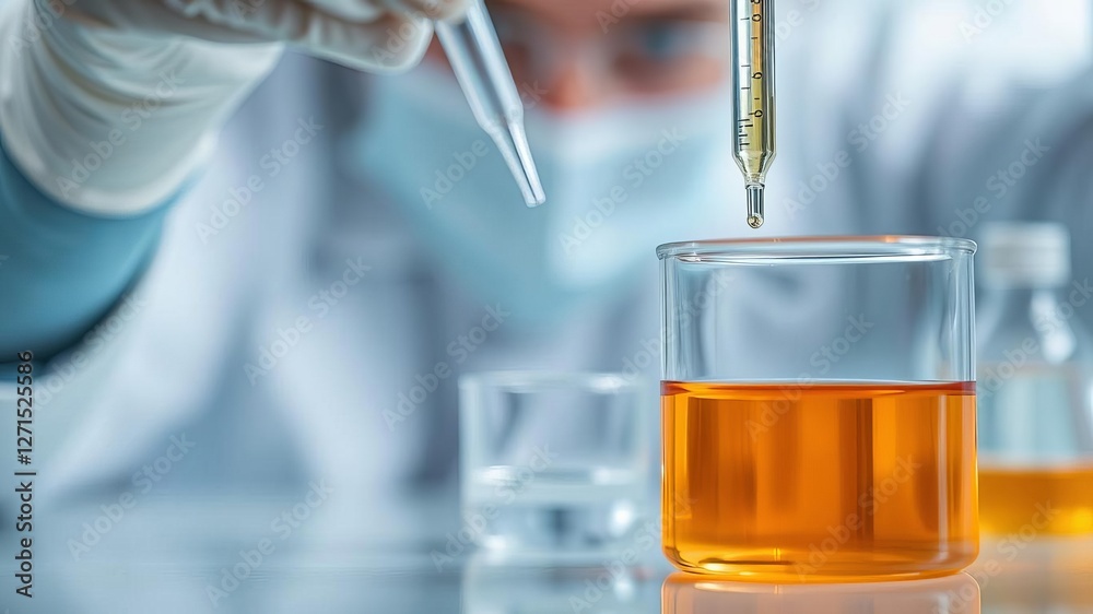 Scientist using pipette syringe to analyze chemical composition of ...