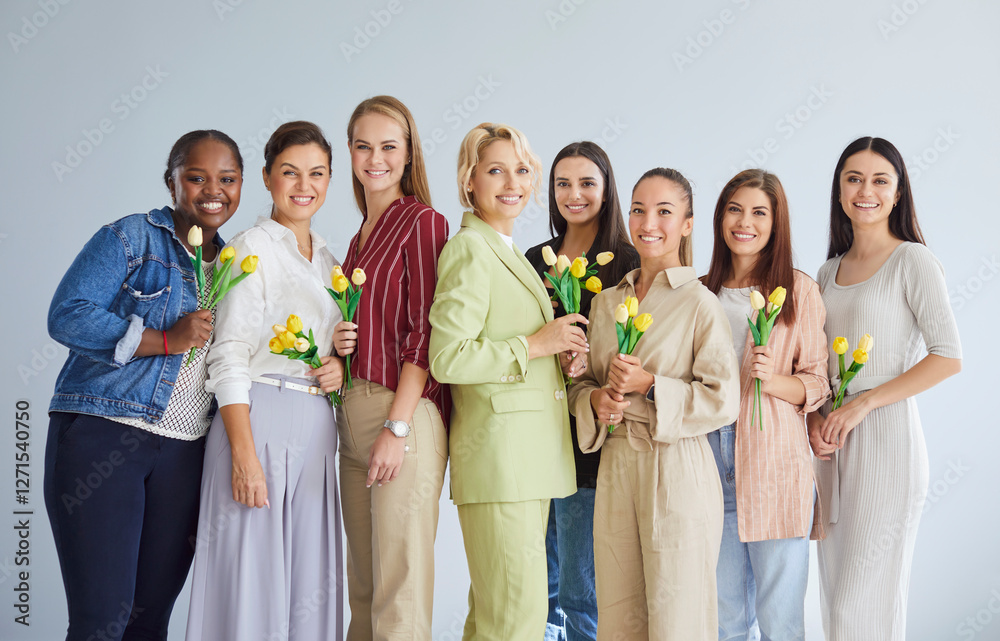 Group of smiling diverse women standing with yellow tulips, celebrating ...