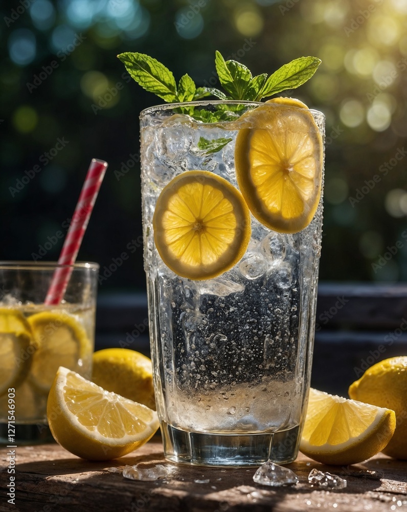 Transparent glass of ice-cold fresh lemonade, filled with thin lemon slices and floating mint ...