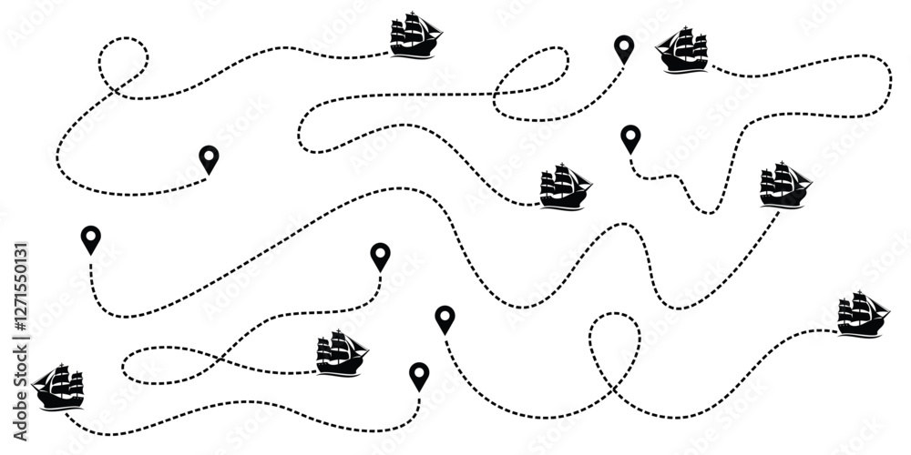 Set of ship routes in dotted line traces. Ship tracking ship route path ...