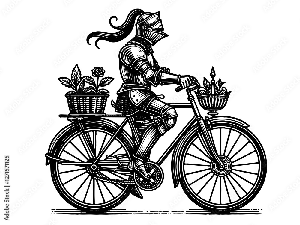 medieval knight in armor riding a bicycle with horse head, humorous ...