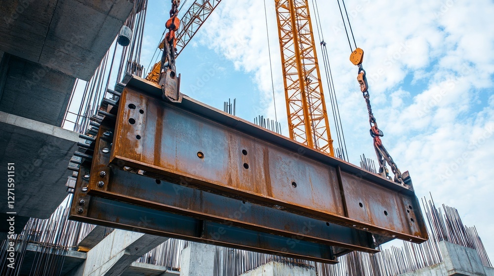 Massive Steel Beams Being Lifted by a Crane on a Construction Site - A ...