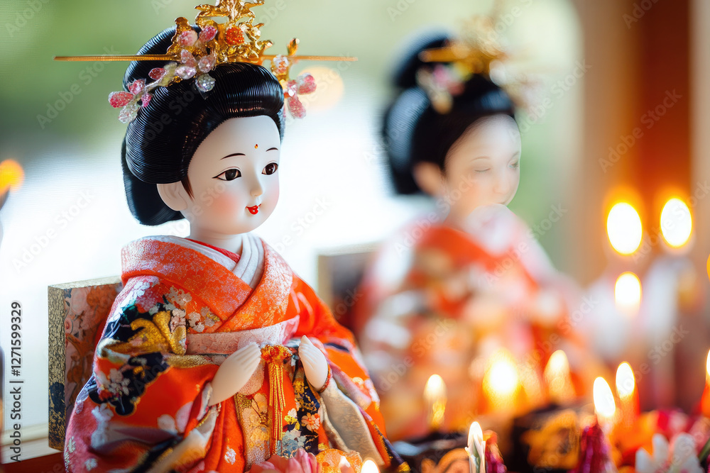 Foto de Stock Hinamatsuri display with tiered hina dolls and cherry ...