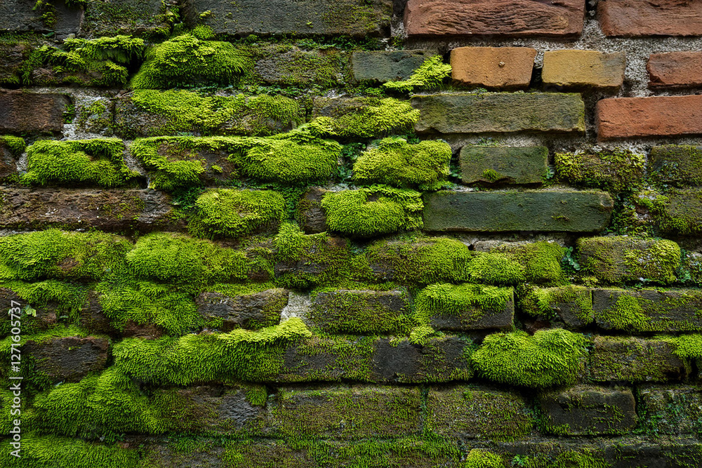Brick wall covered in moss, close-up of red brick wall overgrown ...