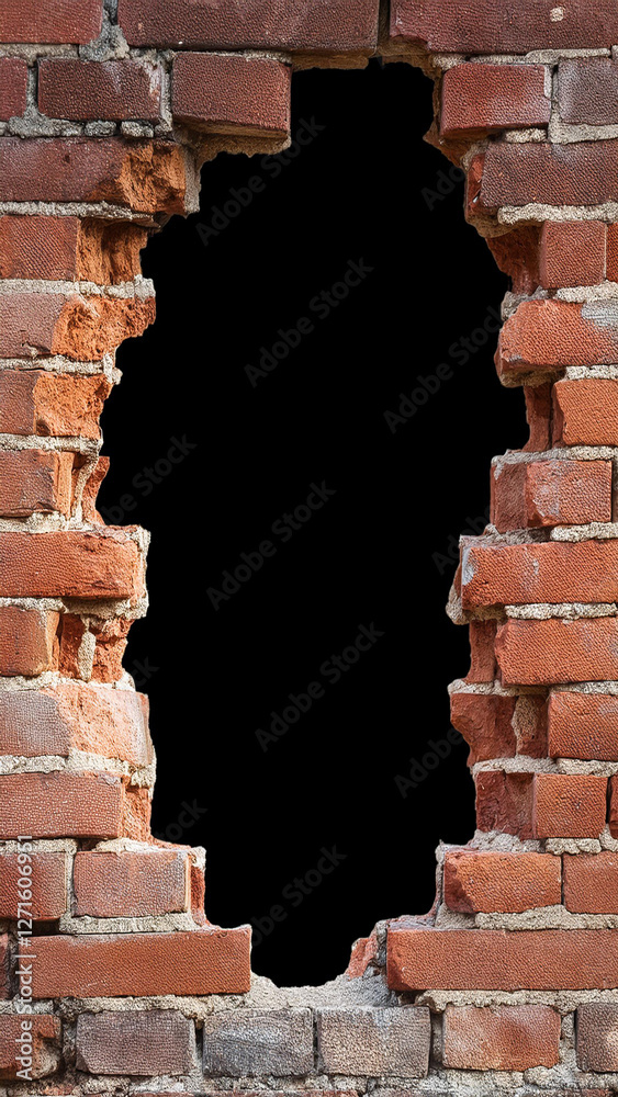 Hope and freedom concept, old red brick wall with black hole background ...