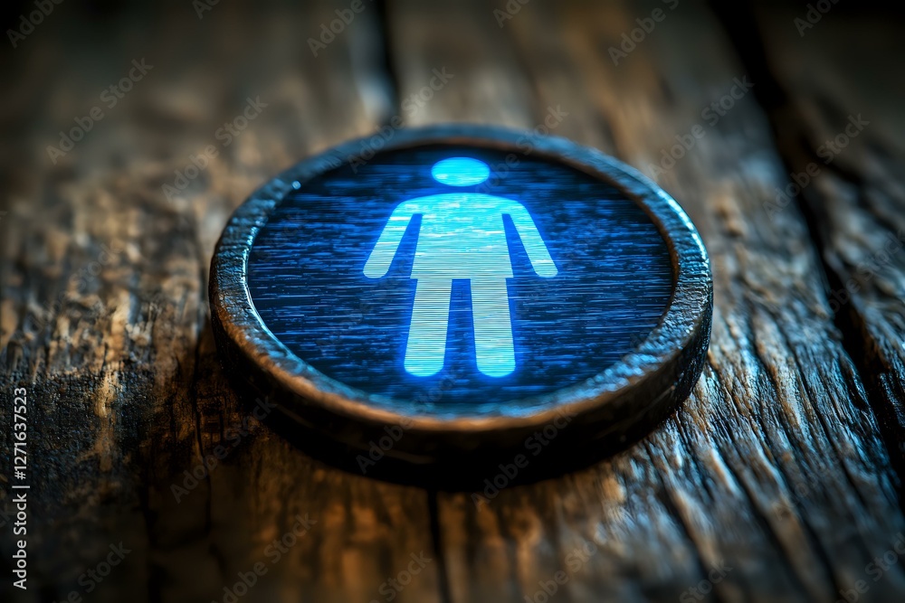 Glowing blue male restroom symbol on wooden circular sign with dramatic ...