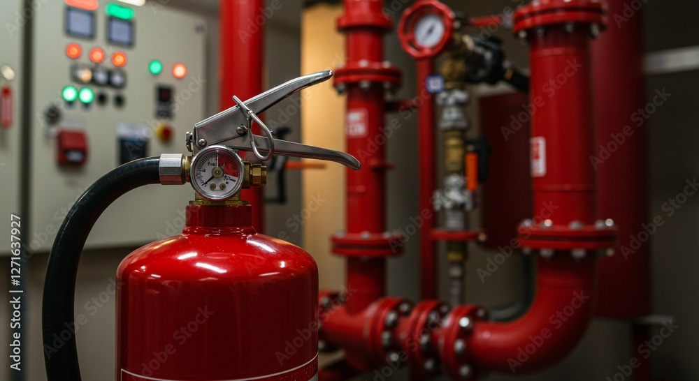 Red fire extinguisher mounted on wall near industrial pipeline system ...