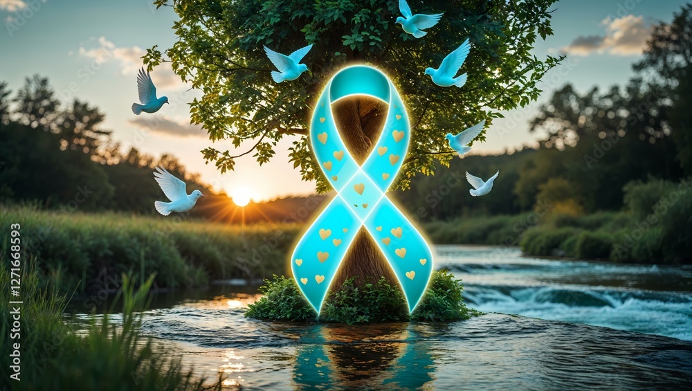 Show a glowing cancer ribbon intertwined with a tree, with leaves ...