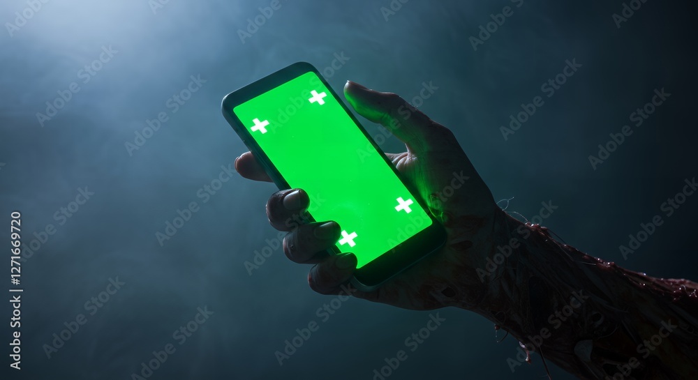 Zombie Hand Holding Phone with Green Screen in Dark Moody Setting Stock ...