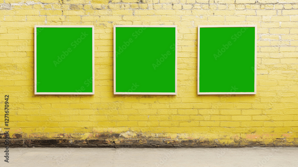Empty green chroma key posters with white borders mounted on weathered ...
