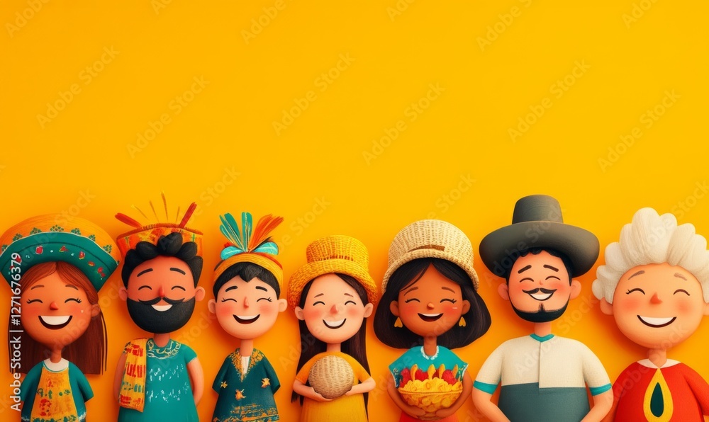 Cartoon characters from various cultures are smiling, celebrating ...