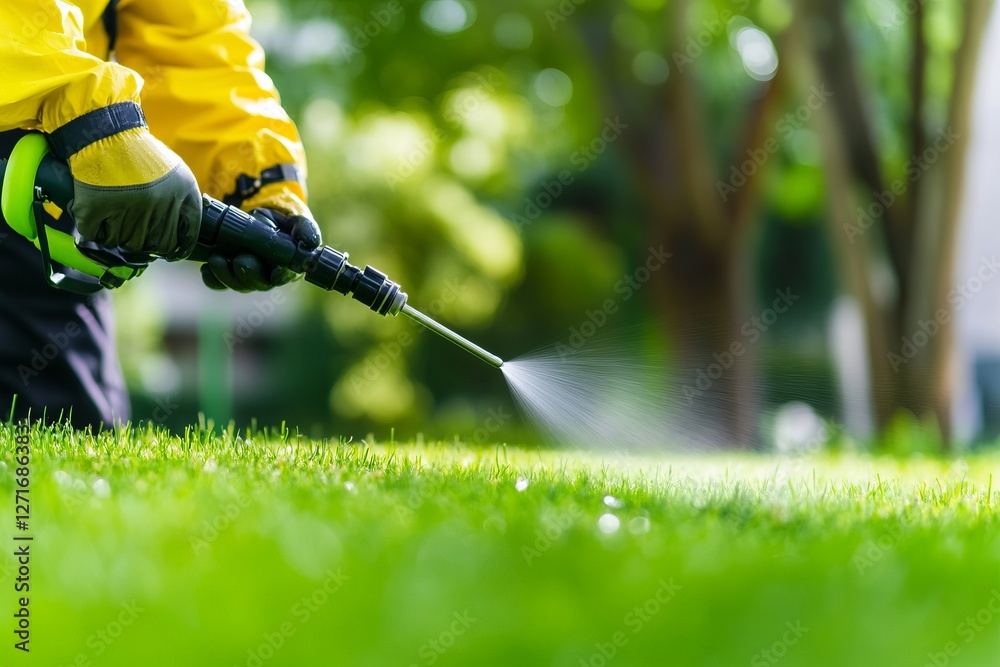 Professional gardener spraying pesticide on a green lawn in a garden ...