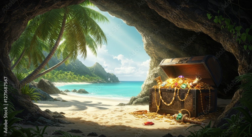 Tropical Beach Treasure Chest - A treasure chest overflowing with gold ...
