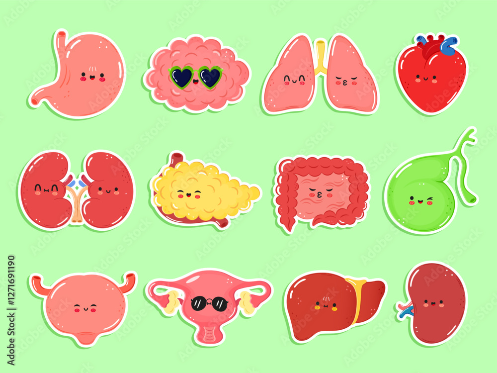 Happy human internal organs stickers. Cartoon human organ heart, liver ...