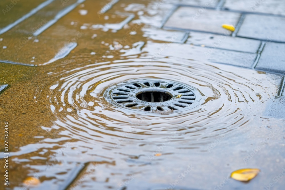 Rainwater flows into a storm drain on a paved surface, creating ...