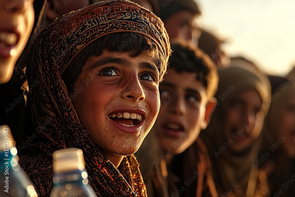 group of joyful young Muslim boys are giving water bottles labor ...