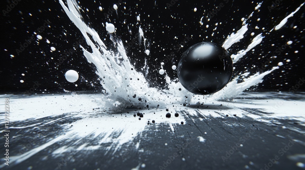 Black sphere impacting white liquid, creating a dramatic splash and ...